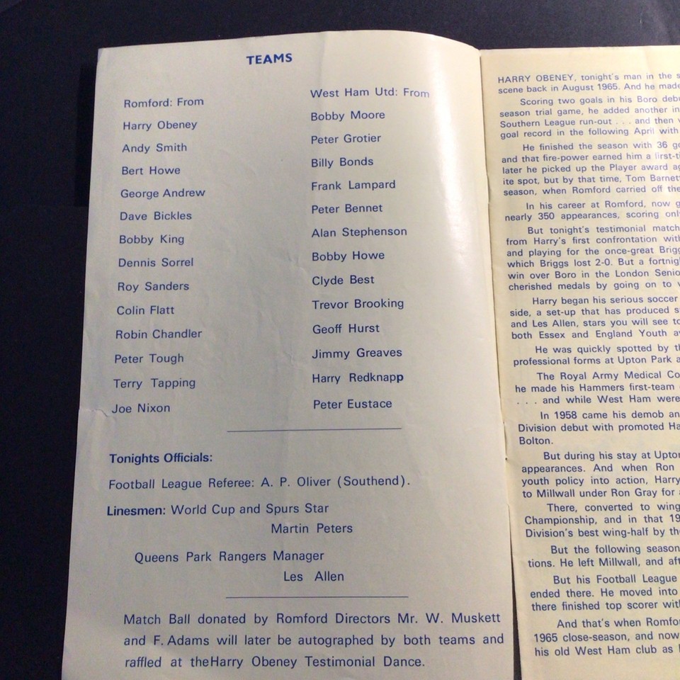 Programme Romford v West Ham United Harry Obeney Testimonial October ...