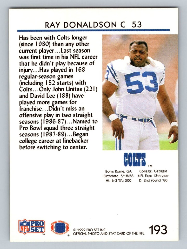 1992 Pro Set #193 Ray Donaldson Indianapolis Colts | eBay