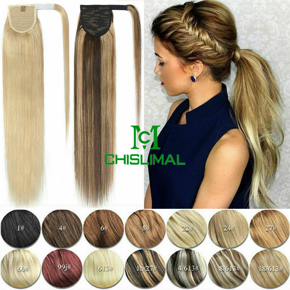 Human Hair Ponytail Remy Clip In Hair Extensions Wrap Gray Straight ...