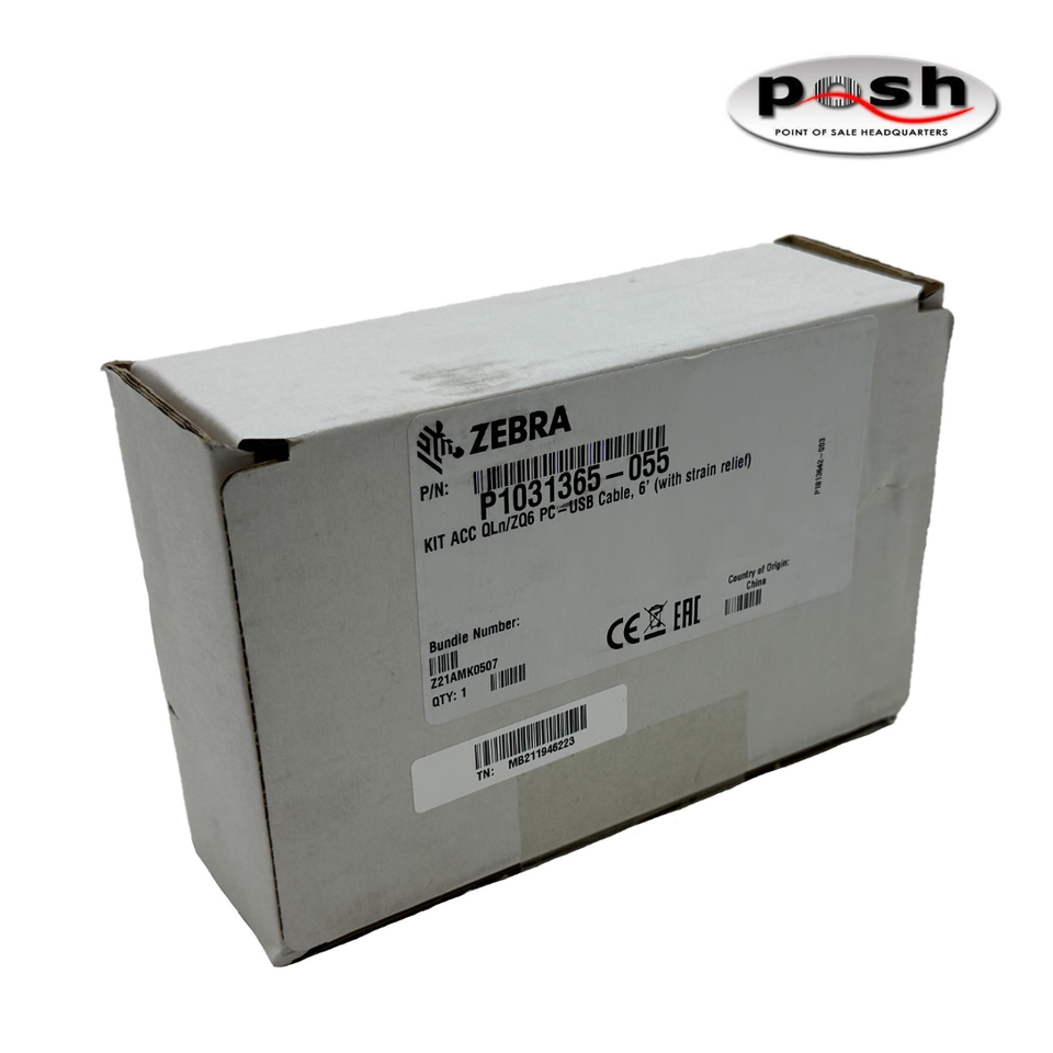 Unused Zebra USB Cable: P1031365-055 (6FT) for QLN/ZQ6 W/Strain relief ...