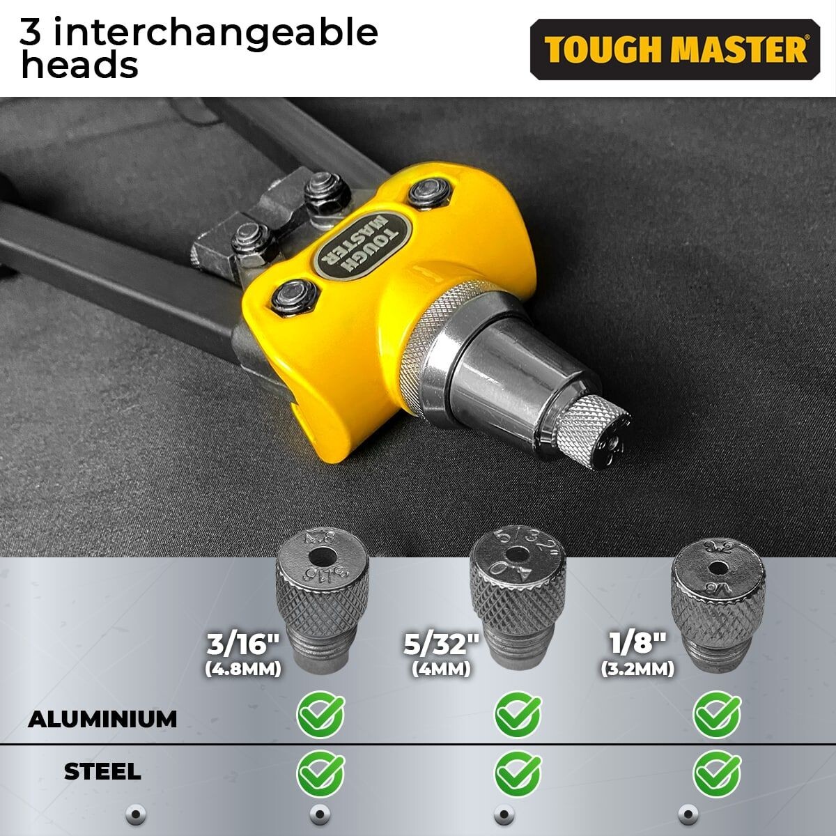TOUGH MASTER 3 Head Rivet Gun Professional Riveter Set for Metal, Wood ...
