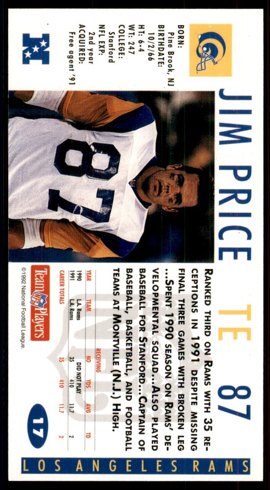 1992 GameDay Jim Price Los Angeles Rams #17 NFL Football Oversize Card ...