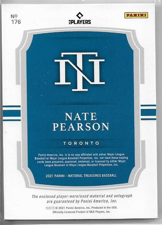 2021 Panini National Treasures Nate Pearson #176 Rookie Blue Jays Patch ...