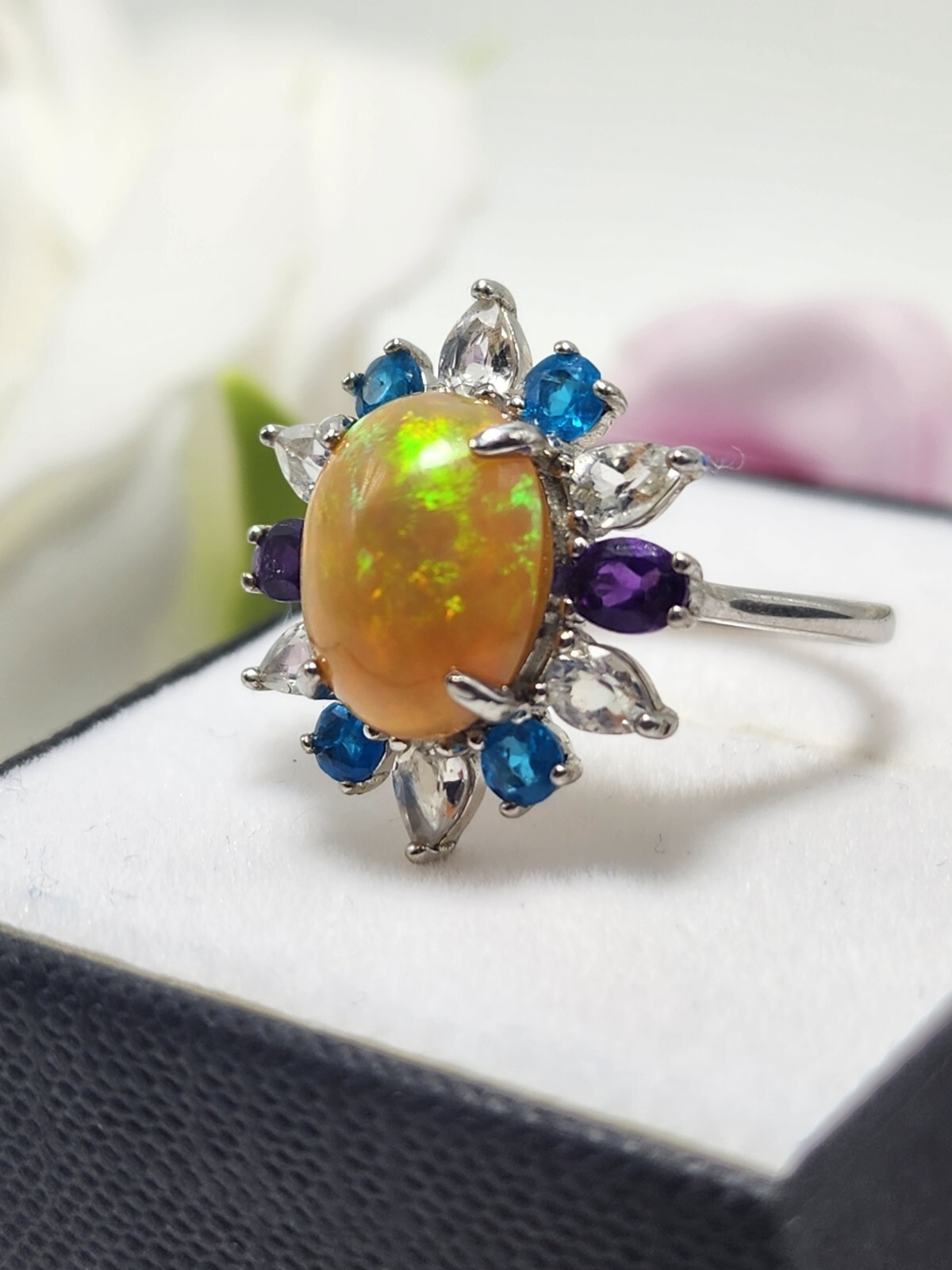 Natural Opal And Mixed Stone Ring Handmade Sterling Silver Size 7.25 | eBay