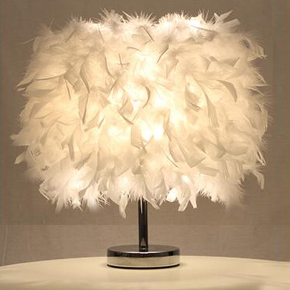 Feather Shade Table Lamp Metal Vintage Elegant Bedside Decor Desk Night ...