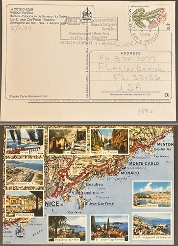 Monaco #1892 w slogan cancel 1994 to US on 9 view post card & map ...