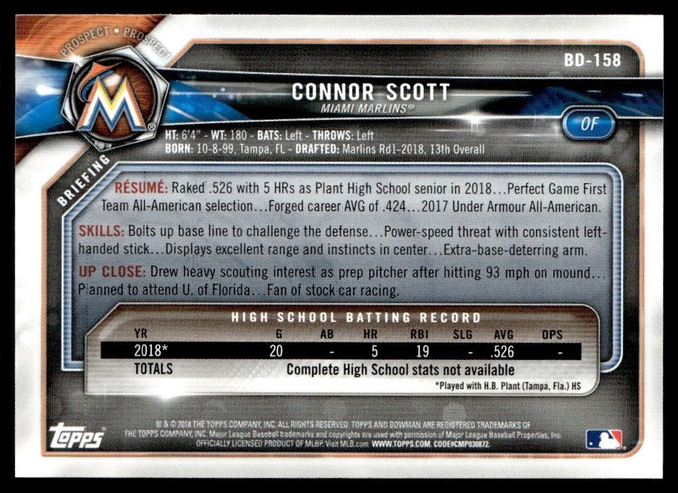 2018 Bowman Draft Connor Scott Miami Marlins #BD-158 | eBay UK