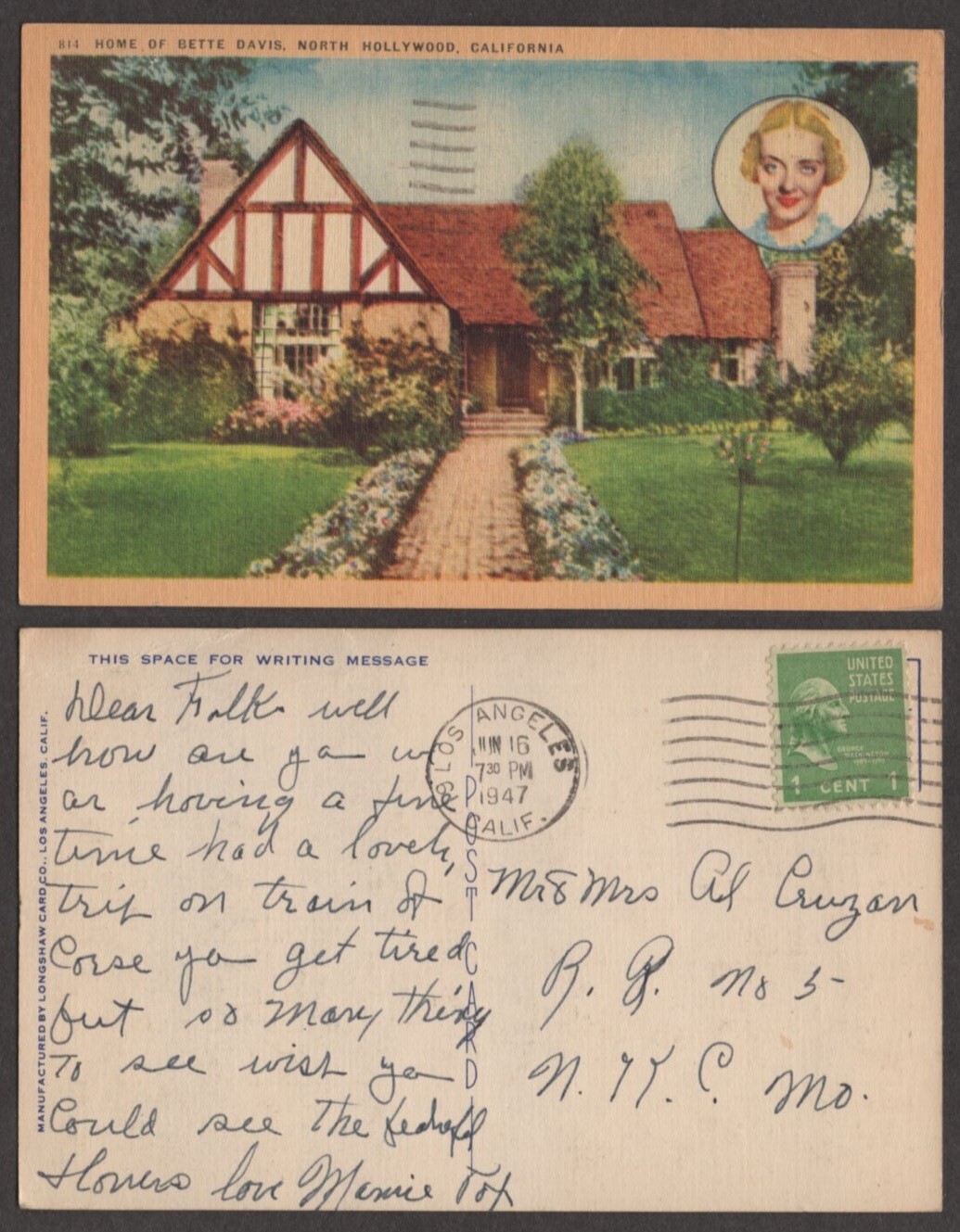 1947 California Postcard – North Hollywood – Home of Actress Bette ...
