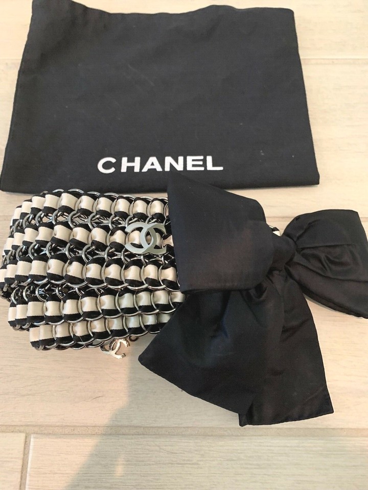 CHANEL WIDE CHAIN RIBBON BOW BELT 06A RARE CC BLACK IVORY SILVER ...