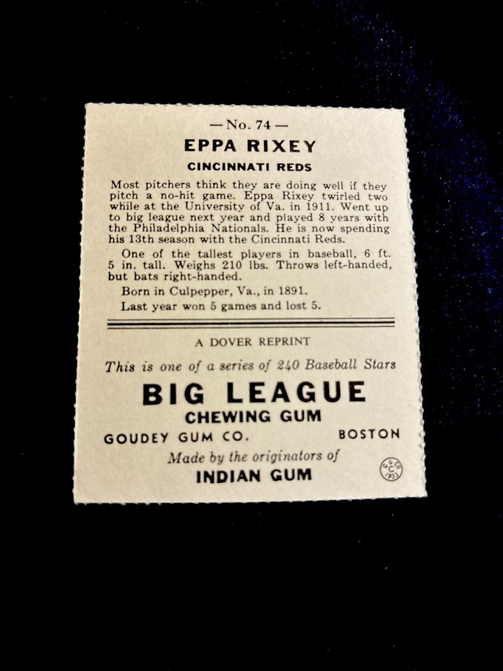 Eppa Rixey 1933 Goudey #74 Cincinnati Reds Dover Licensed Reprint | eBay