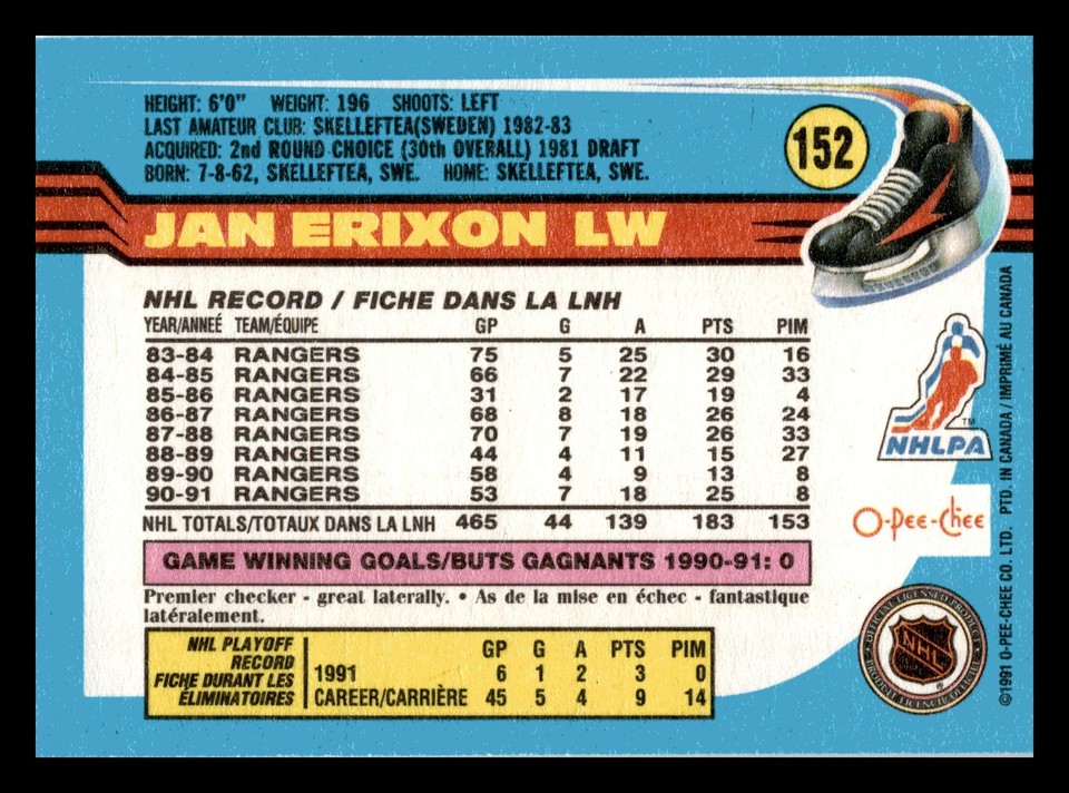 1991-92 O-Pee-Chee Jan Erixon #152 New York Rangers NM-MINT | eBay