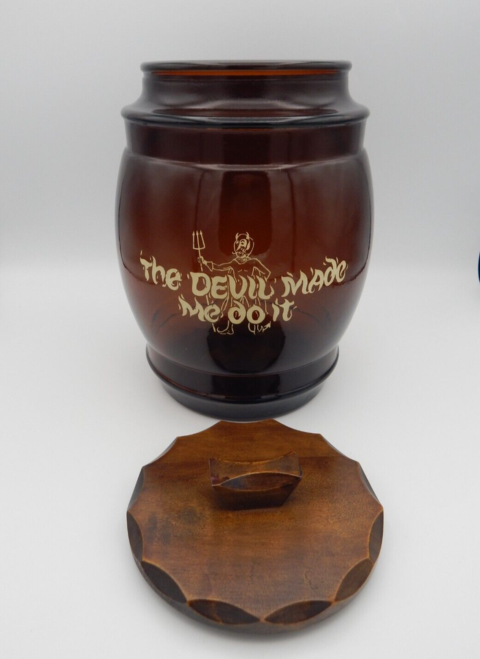VTG SIESTA WARE BROWN GLASS THE DEVIL MADE ME DO IT COOKIE SNACK JAR W ...