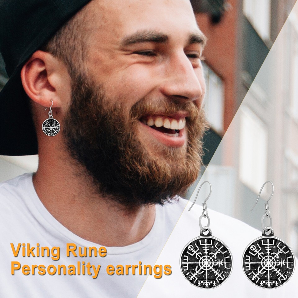Nordic Viking Rune Compass Mjolnir Valknut Drop Hook Earrings Stainless ...
