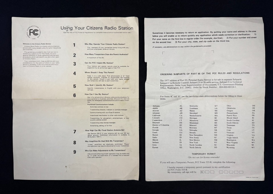 Vintage 1976 Temporary Permit For Class D Citizens Radio Station FCC ...