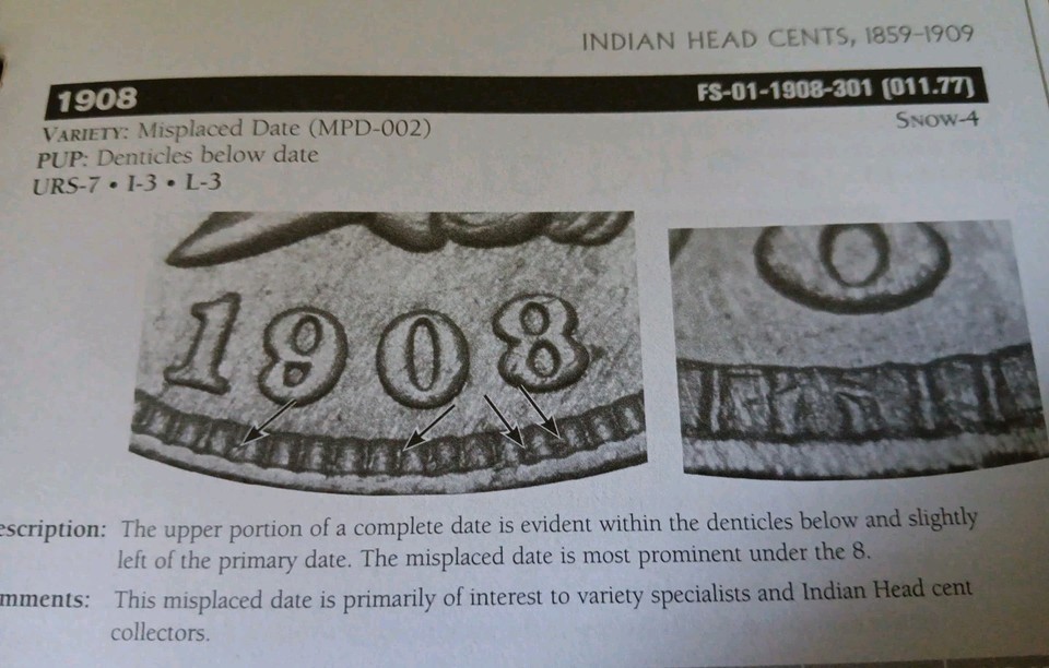 1908 Indian Head Cent Penny. Snow-4 Misplaced Date Variety ...