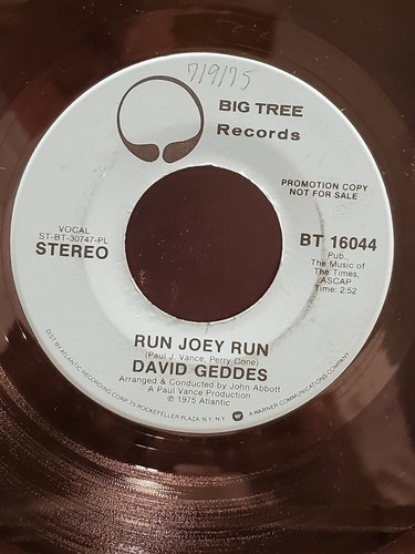 DAVID GEDDES 7" 45 RPM "Run Joey Run" Promo Copy mono/stereo VG ...