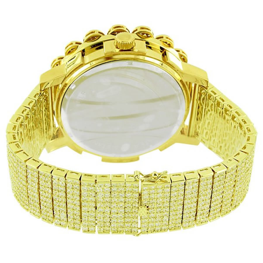 18K Gold Finish Simulated Diamond Cluster Micro Pave Flower Men's Watch ...