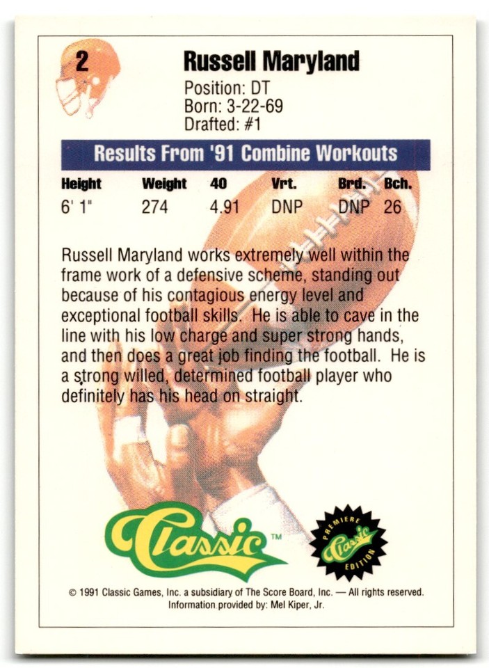 1991 Classic Premier Classic Edition Russell Maryland Rookie Miami ...