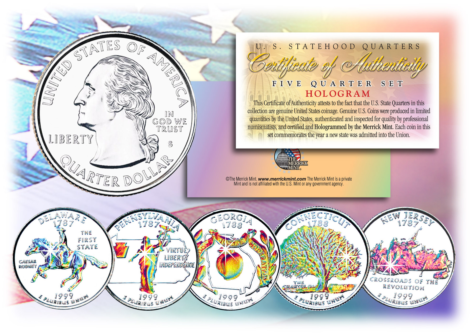 1999 US Statehood Quarters HOLOGRAM *** 5-Coin Complete Set *** w ...