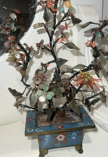 Antique Chinese Jade And Gemstone Bonsai Tree In Cloisonné Planter, 10 ...