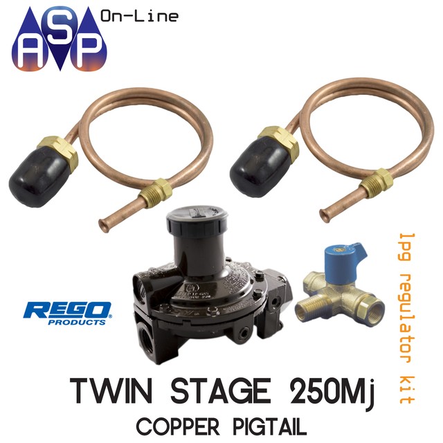 REGO LPG GAS REGULATOR KIT UP TO 250MJ/h with 2 PIGTAILS & MANUAL ...