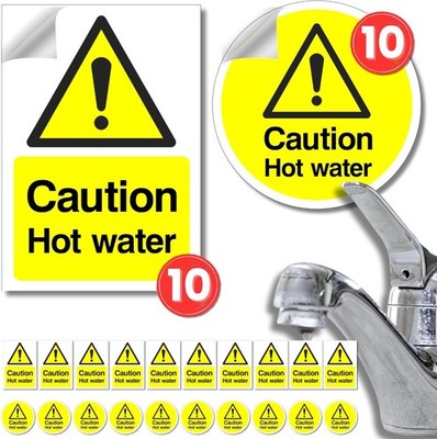 Caution hot Water Stickers 10x each design 20 pack 95mm x 65mm and 70mm ...