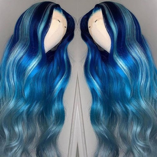Long Deep Wave Ombre Lace Front Wig Gradient Blue Synthetic Wigs ...