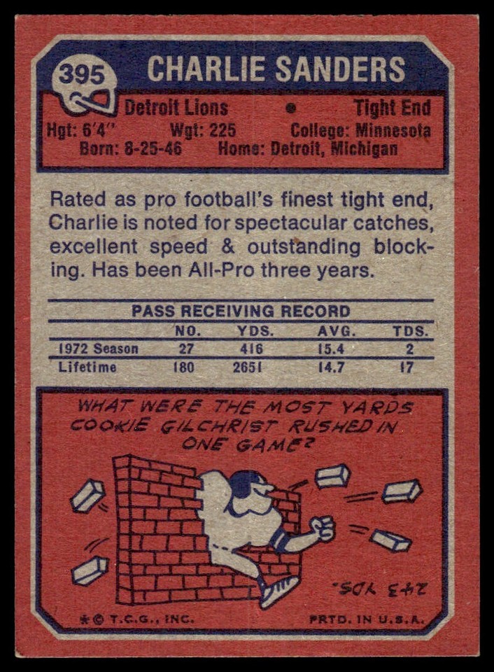 1973 TOPPS CHARLIE SANDERS DETROIT LIONS #395 | eBay