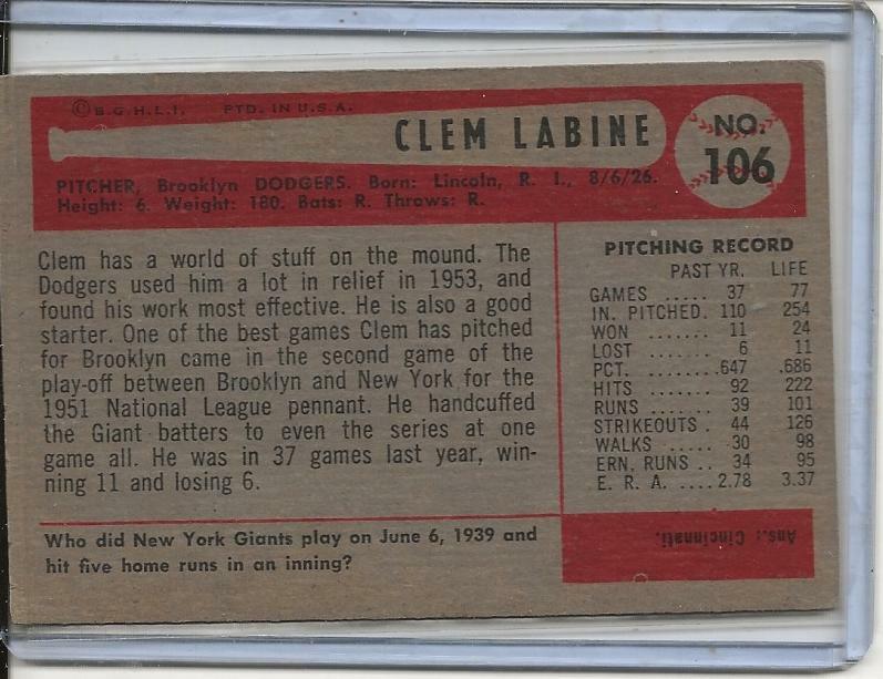 1954 Bowman Baseball Card Clem Labine Pitcher Brooklyn Dodgers Near ...