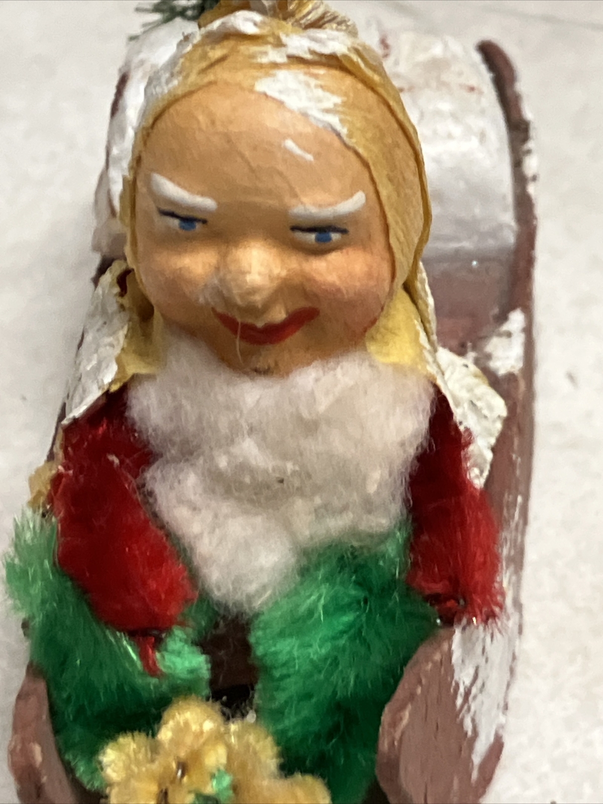 VTG X-MAS Rare Putz Santa Sleigh Gnome Paper Mache Chenille SpunCotton ...