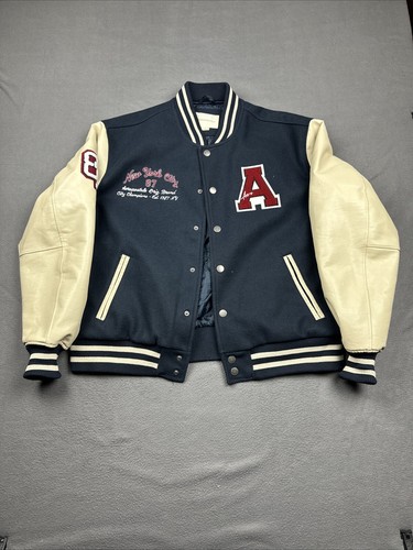Aeropostale Jacket Men's L Letterman Faux Leather New York City Navy ...