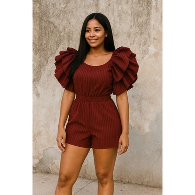 She + Sky Women's Size M Romper Maroon Ruffled Sleeves Elastic Waist ...