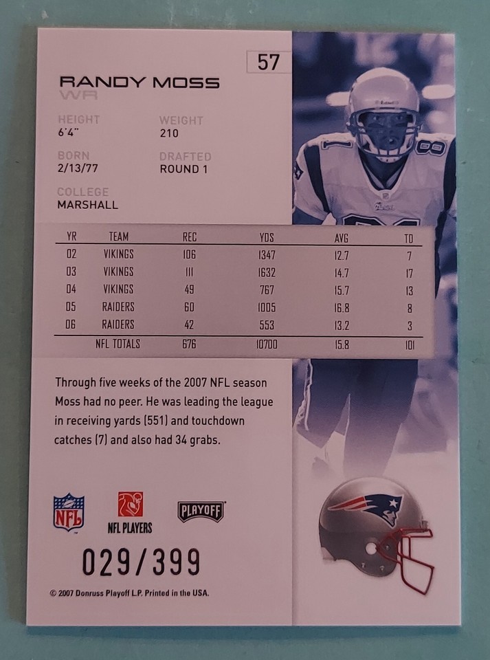 2007 Playoff NFL Playoffs RANDY MOSS #57 Red Metalized SP #/399 ...