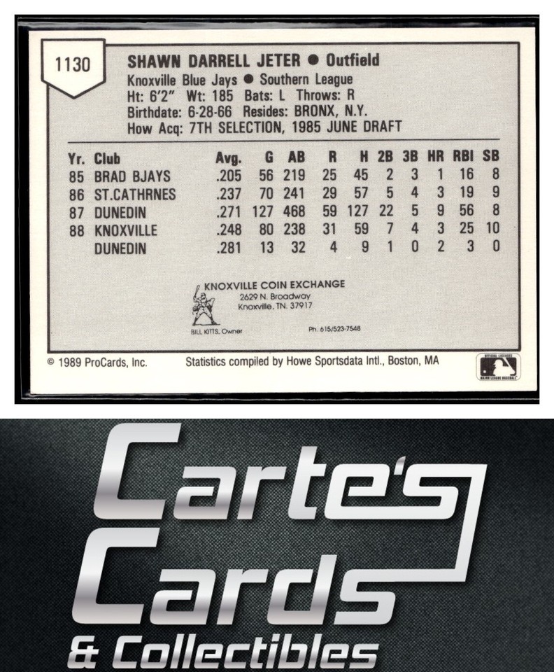 Shawn Jeter 1989 ProCards Minor League Team Sets #1130 Knoxville Blue ...