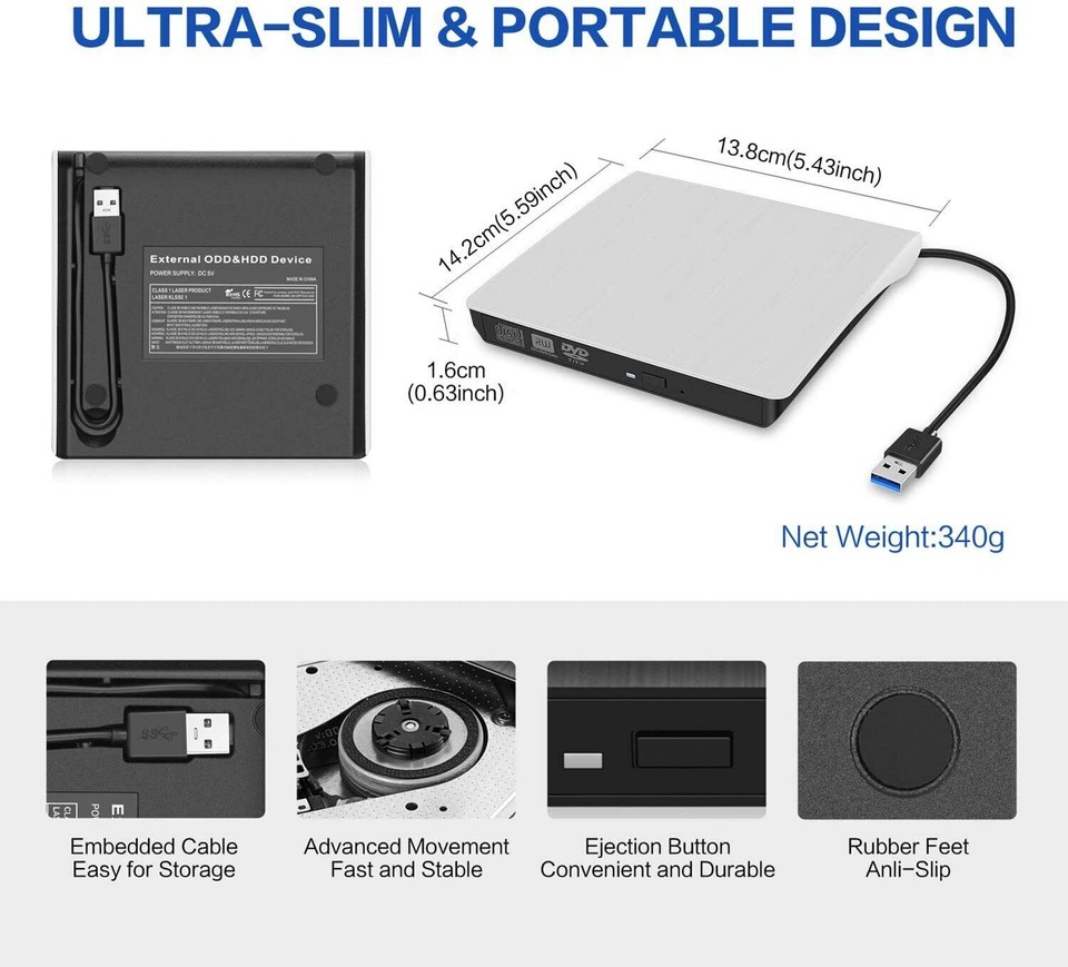 Slim USB 3.0 External CD-RW DVD ROM Drive Writer Reader Burner For ...