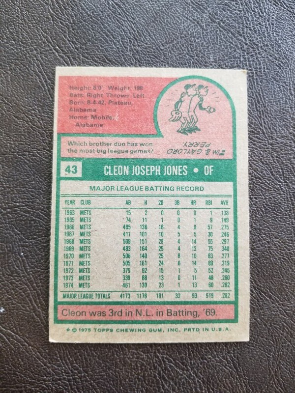 CLEON JONES 1975 TOPPS BASEBALL CARD #43 NEW YORK METS | eBay