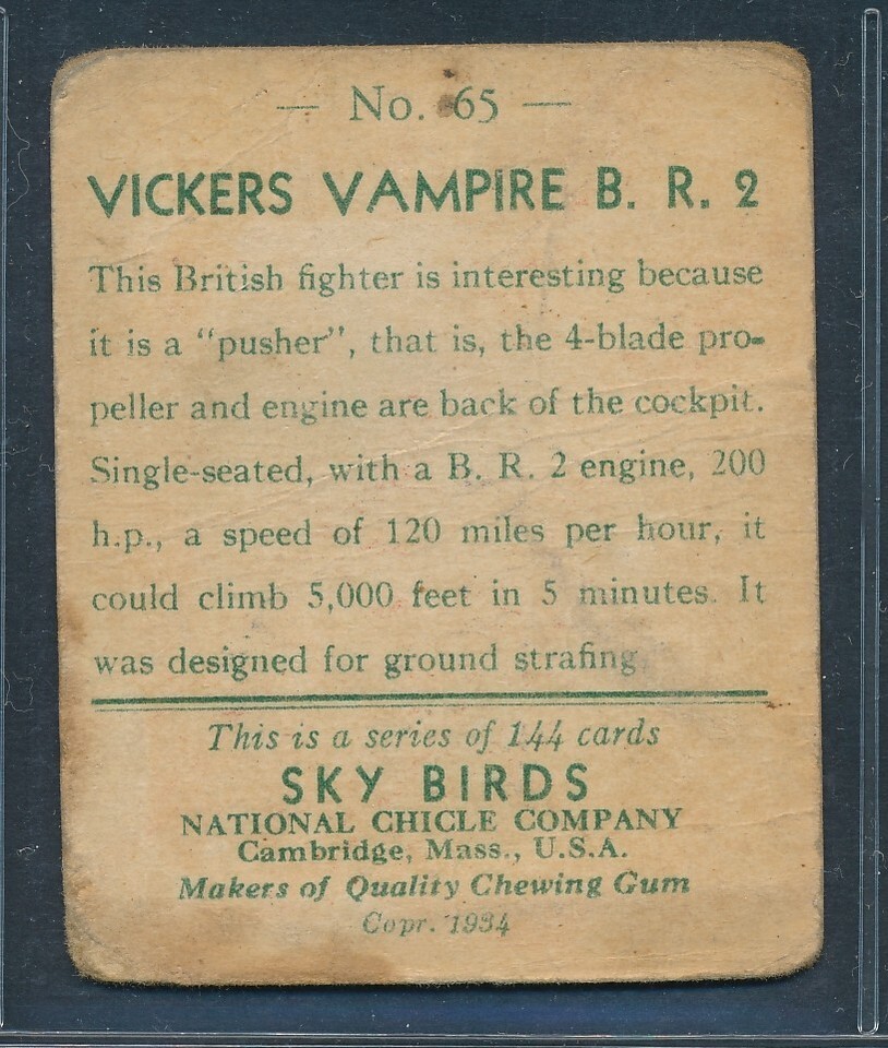 1933-1934 National Chicle Sky Birds #65: VICKERS VAMPIRE B. R. 2 ~ Poor ...