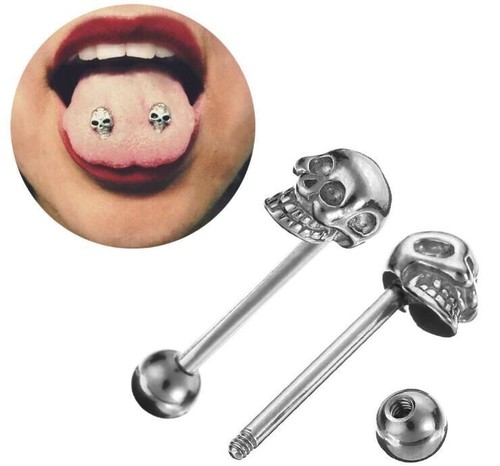 Scary Gothic Stainless Steel Silver Skeleton Tongue Bar Piercing Rings ...