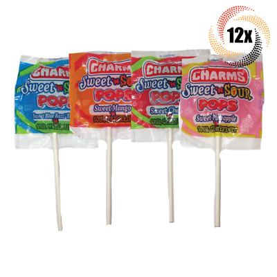 12x Pops Charms Sweet 'N Sour Assorted Flavor Flat Pops Lollipops ...