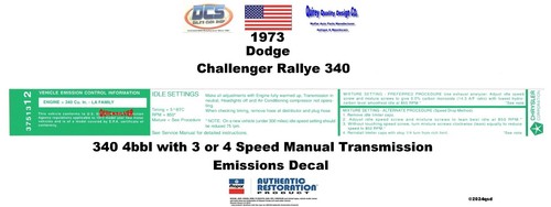 1973 Challenger Rallye 340 4bbl Manual Trans Emissions Decal 3751312 ...
