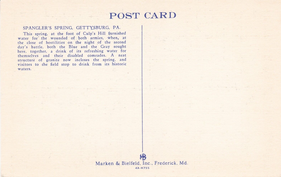 Postcard Gettysburg - SPANGLER'S SPRING Linen Vintage #13 - Civil War ...