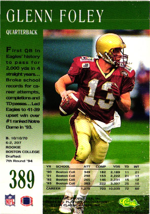 1994 Classic Pro Line Live - #389 Glenn Foley - New York Jets | eBay