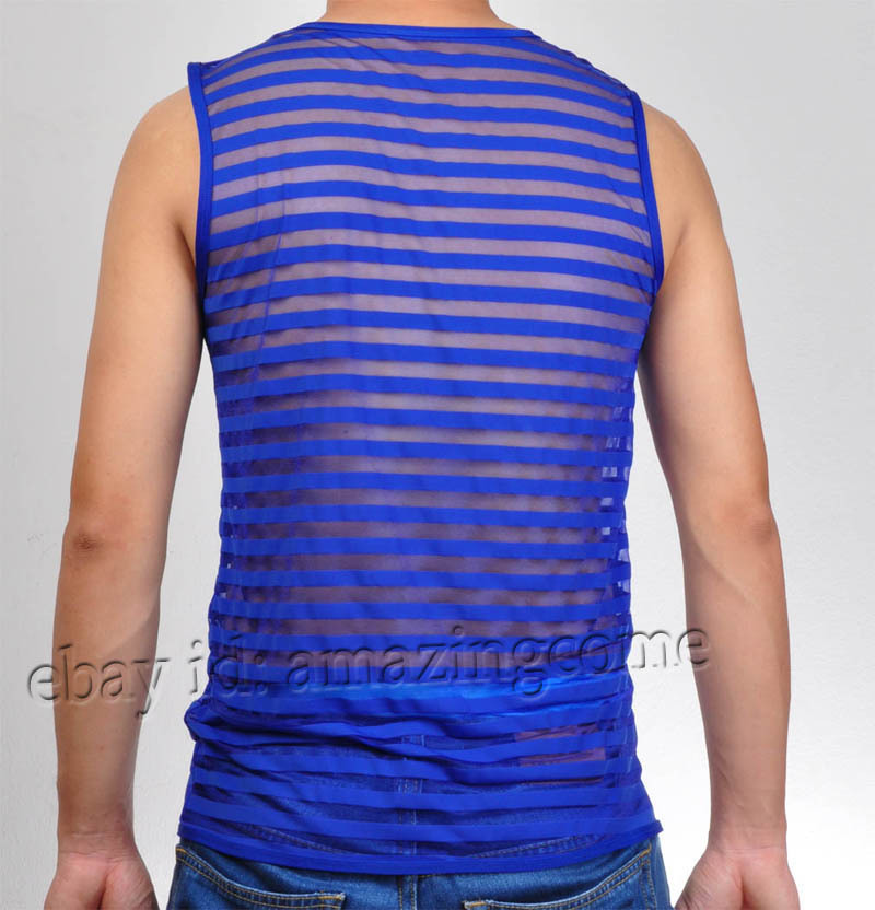 Men See-through Mesh Tank Top Underwear Stripe Transparent T-Shirt Vest ...