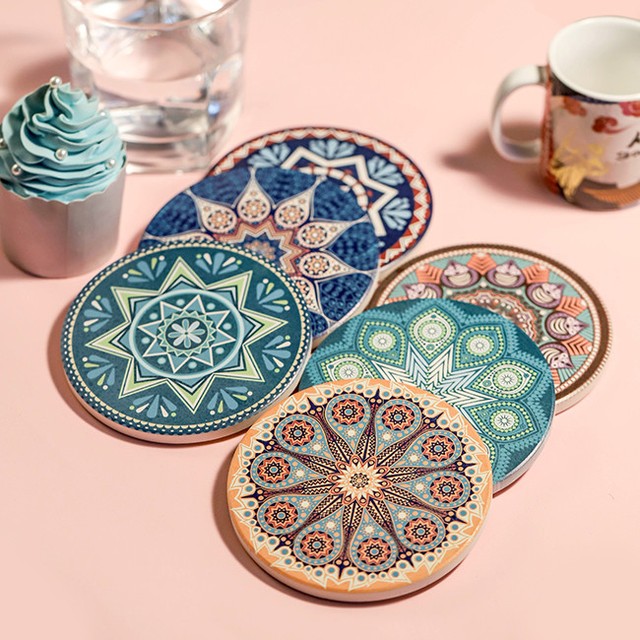 Round Ceramic Print Cup Mat Pad Drinks Mug Coaster Absorbent Barware ...