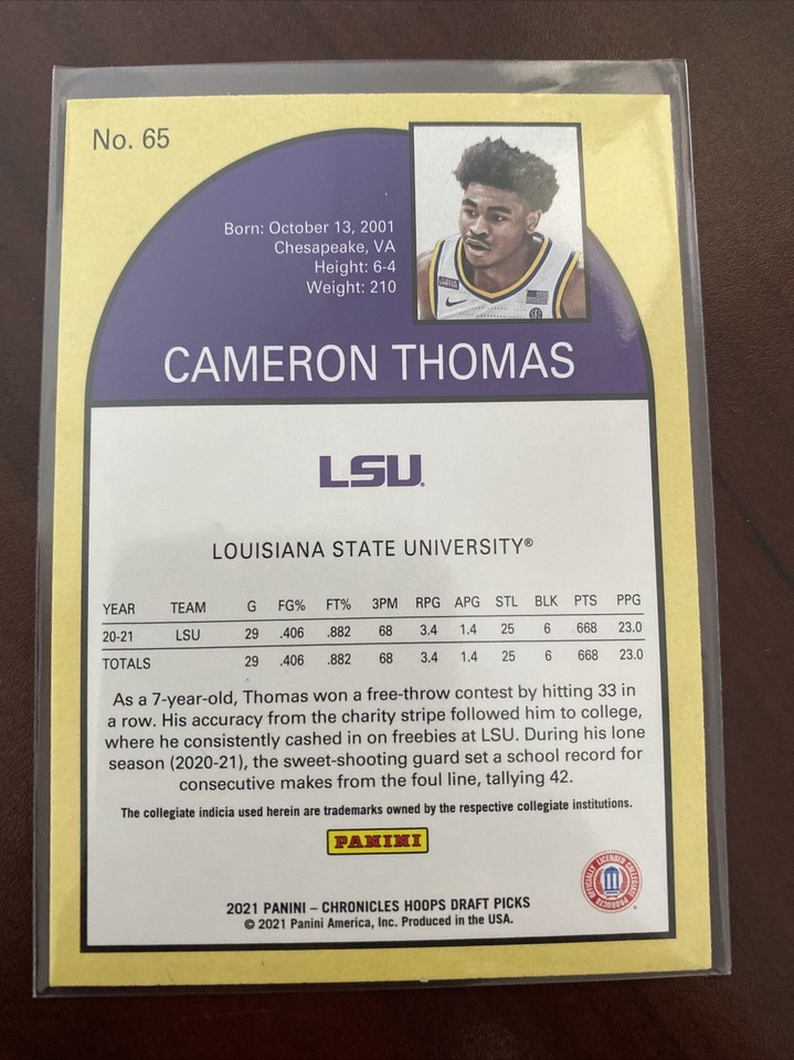 2021 Panini Chronicles Hoops CAMERON THOMAS RC #65 Brooklyn Nets ROOKIE ...
