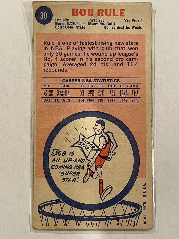 1969-70 Topps Bob Rule #30 Vintage Basketball Seattle Supersonics GOOD ...