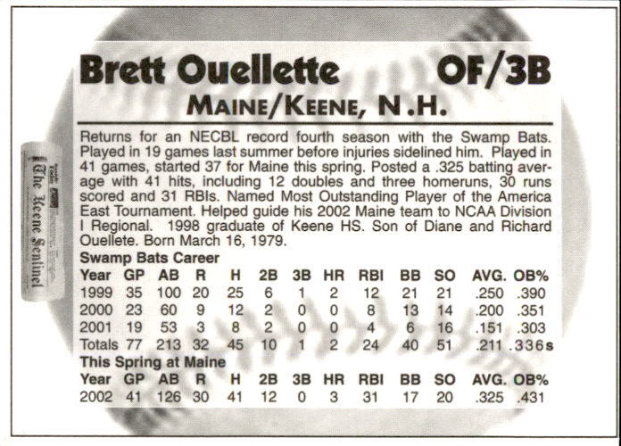 2002 Keene Swamp Bats Team Issue #18 Brett Ouellette Maine Keene New ...