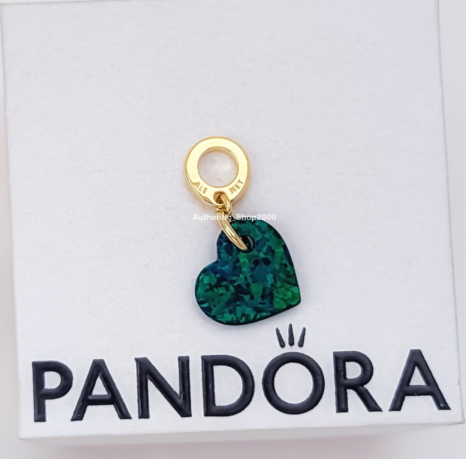 New 100% Authentic PANDORA Gold Opalescent Green Heart Dangle Charm ...
