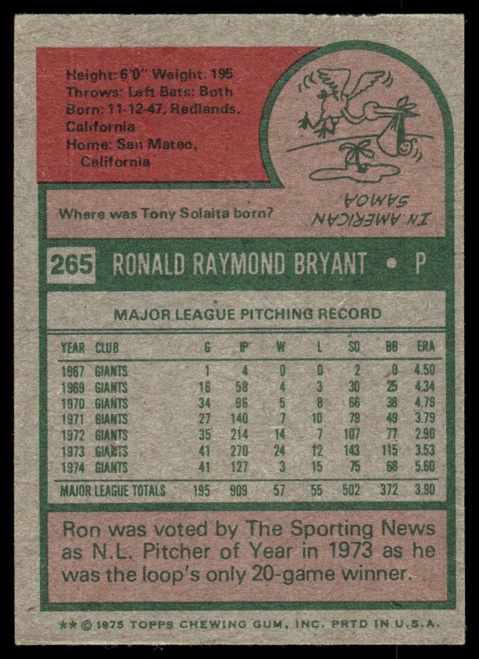 1975 Topps Baseball Card Ron Bryant San Francisco Giants #265 NM | eBay