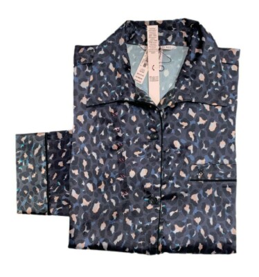 Victorias Secret Button Down Sleep Pajama Top Jacket Satin Gray Animal ...